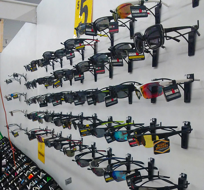 Sunglasses galore! From practical protection to fashion statements, this wall offers eye armor for every face shape and personal style.