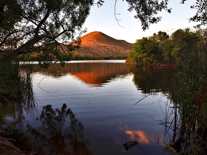 Sunset alchemy transforms ordinary water into liquid gold. Even the mountains blush at this daily spectacle of desert magic.