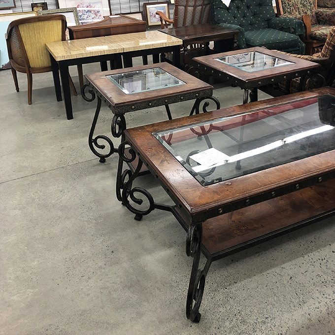 Coffee tables with character line up like contestants in a beauty pageant. That wrought iron number is definitely winning Miss Congeniality.