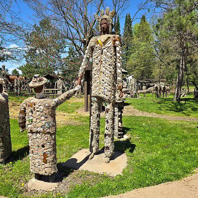 A concrete conversation between figures of different heights—like an artistic representation of "How's the weather up there?" frozen for eternity.