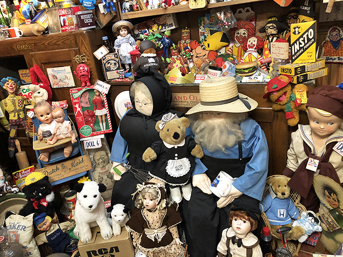 Organized chaos or carefully curated collection? This jumble of vintage toys feels like discovering your grandmother's secret treasure chest.