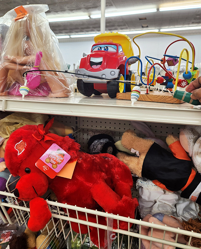 Toys with previous lives ready for new adventures&mdash;that red teddy bear has hugs to give and that puzzle might still have all its pieces!