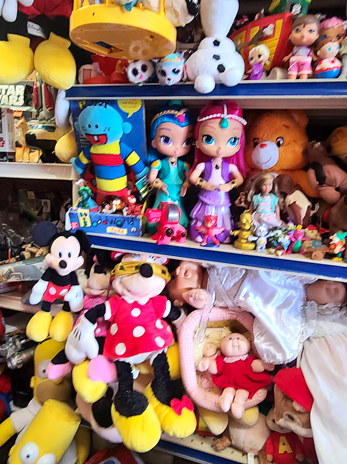 Childhood memories line these shelves, from Mickey to modern dolls. That stuffed animal might just be the one that got away at Christmas 1975.