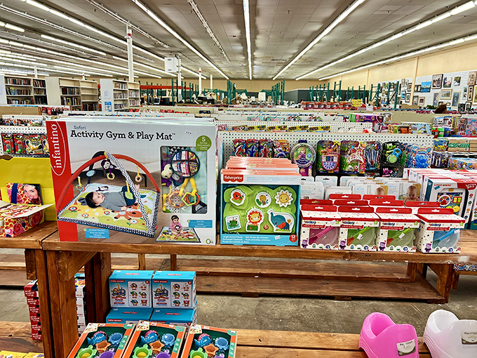 Toy section paradise where yesterday's must-haves await tomorrow's imaginative adventures. That activity gym might create memories for a whole new generation.
