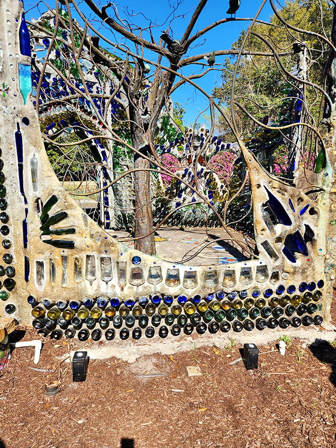 The Bottle Chapel transforms ordinary glass into extraordinary art, sunlight creating a kaleidoscope effect that changes with every passing hour.