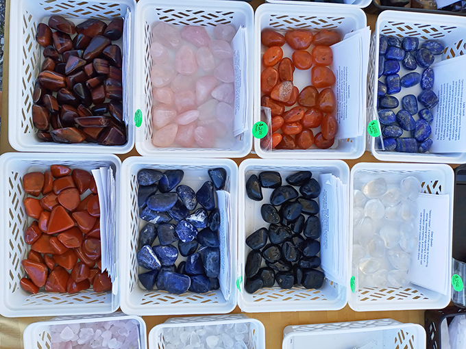 Gemstone buffet! Polished stones in every color of the rainbow, promising either metaphysical properties or simply something pretty for your pocket.