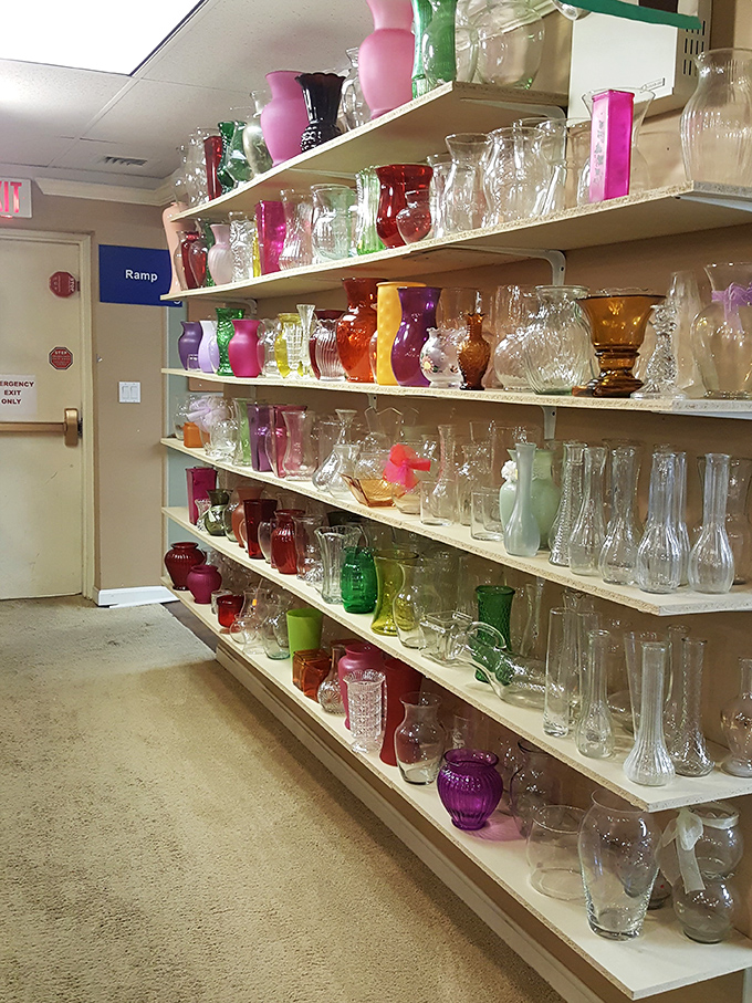 The glassware aisle glows with color&mdash;vases and vessels from every decade standing at attention like a rainbow regiment of potential flower holders.