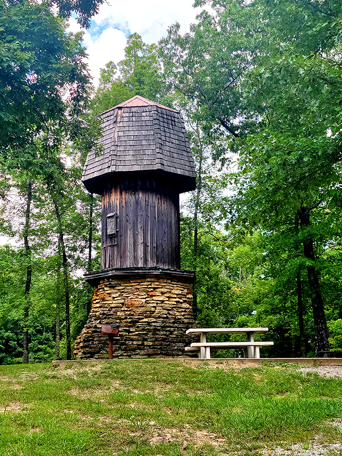 This vintage water tower stands as a monument to practical engineering with unexpected architectural charm.