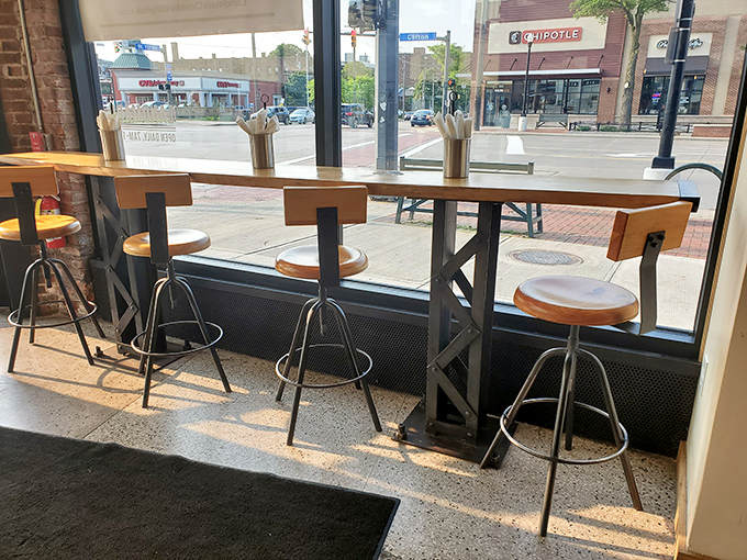 Window seats: perfect for people-watching while contemplating your next meat selection. Urban dining with a side of Cleveland street theater.