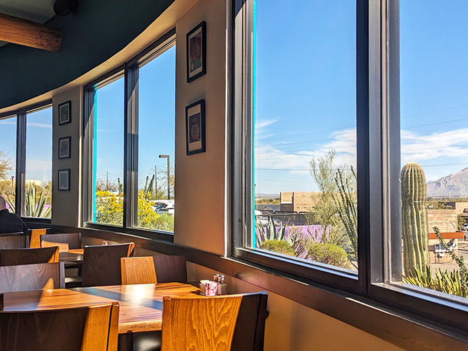 Window seats that offer views of cacti outside while you feast like royalty inside. Desert dining at its finest.