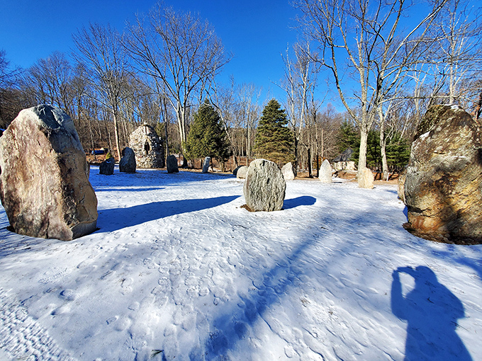 Winter transforms Columcille into a mystical snowscape. The standing stones, now sentinels in white, seem even more ancient against the stark backdrop.