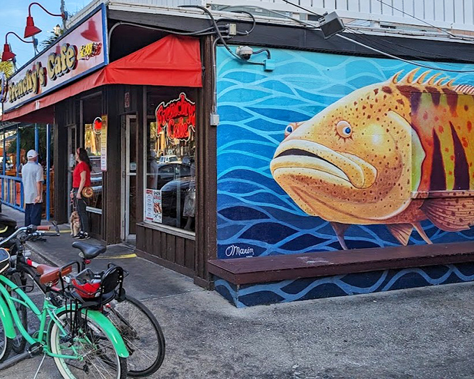 Frenchy's Original might be small, but that fish mural hints at the ocean of flavor inside.