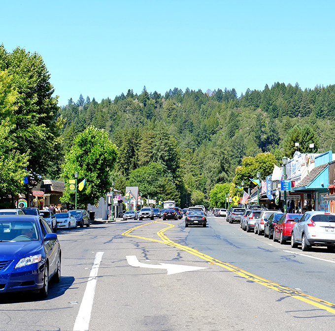 Guerneville's charming church stands sentinel along the roadside, its white steeple reaching skyward among the trees.