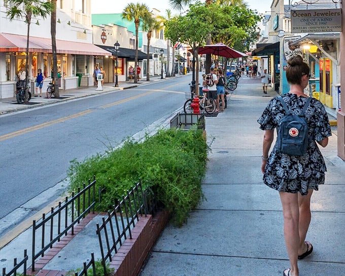 Key West's bustling sidewalks invite shoppers and strollers alike to explore the colorful historic district.