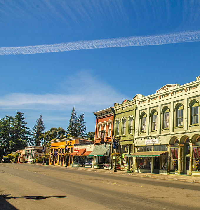 Lakeport's charming main street flies the flag proudly against clear blue skies. Small town America with a California twist!
