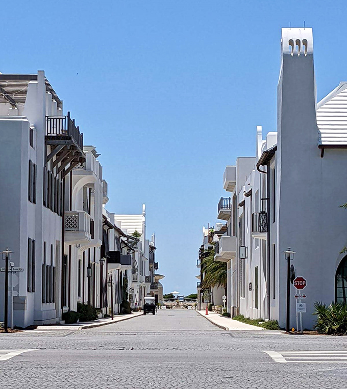 The pristine white architecture of Alys Beach stands in dramatic contrast to the blue Florida sky.