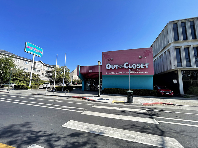 The unmistakable blue and red facade of Out of the Closet stands out like a cheerful beacon for bargain hunters with a conscience.