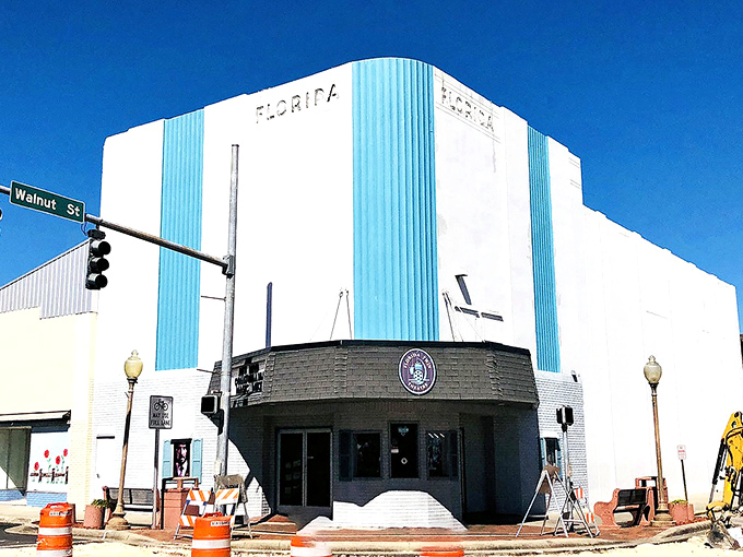 Blue and white delight! This vintage Starke theater has seen more drama than a season of your favorite soap opera.