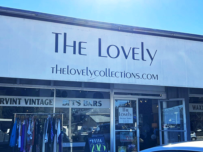 That clean, modern signage hints at the curated vintage experience waiting inside &ndash; not your grandmother's thrift store!