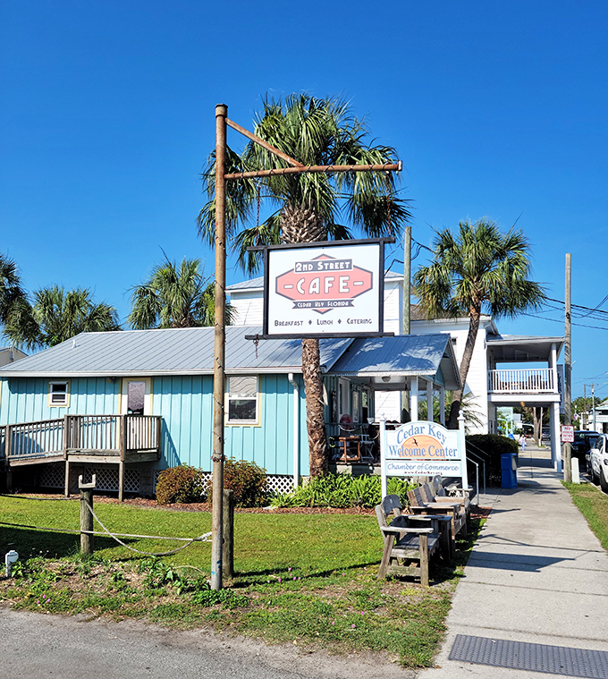 The 2nd Street Cafe's cheerful blue exterior promises the kind of breakfast where calories don't count because you're on island time.