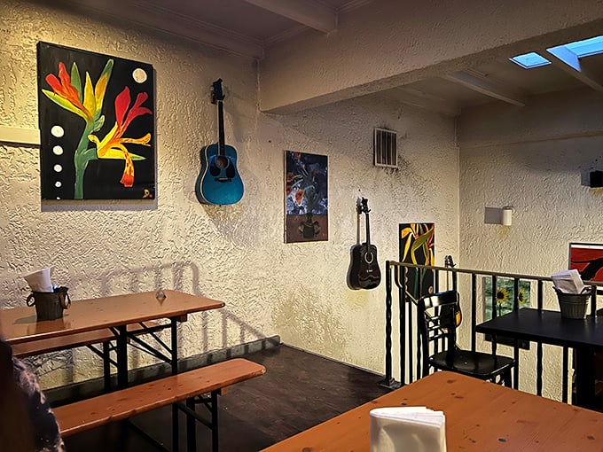 The upstairs dining area feels like your coolest friend's apartment&mdash;complete with guitars on the wall and art that doesn't take itself too seriously.