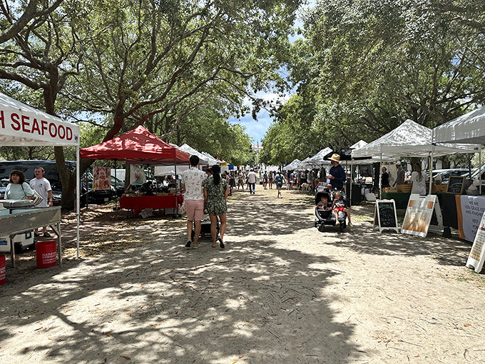 The farmers' market transforms ordinary errands into a social event where "just picking up a few things" becomes a three-hour adventure.