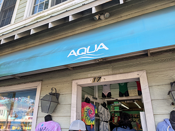 AQUA's beachy merchandise spills onto the sidewalk, tempting passersby. Forgot your swimsuit? This shop has been saving unprepared tourists for years.