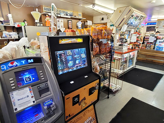 Even the gaming machine seems to understand its place in the hierarchy—it's just keeping the ATM company while sandwiches take center stage.