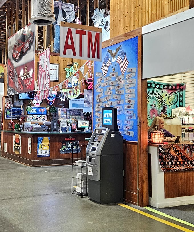 The ATM stands ready for those "I absolutely need that" moments. The universal sign of flea market commitment when cash runs low but shopping energy remains high.