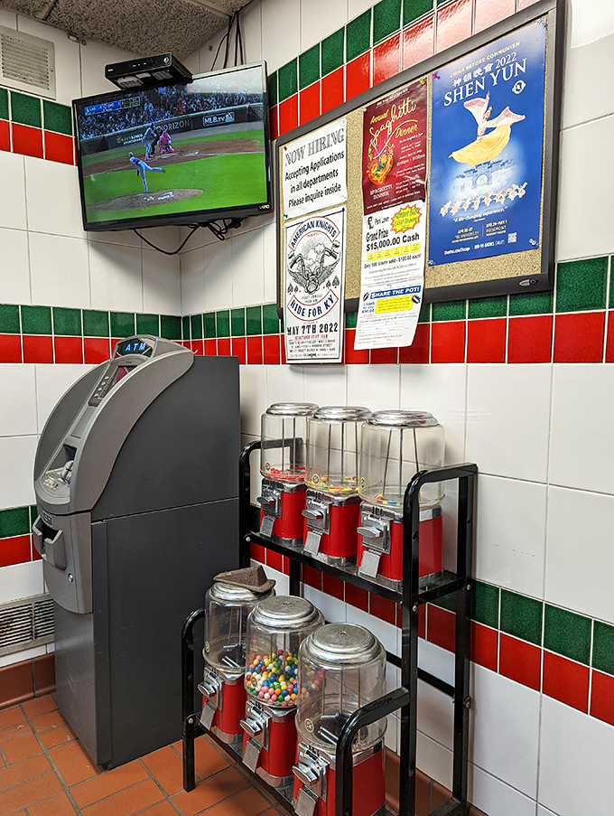 Even the ATM area screams "Italia" with those green, white, and red tiles. And yes, you'll need cash for those gumball machines—some traditions never change.