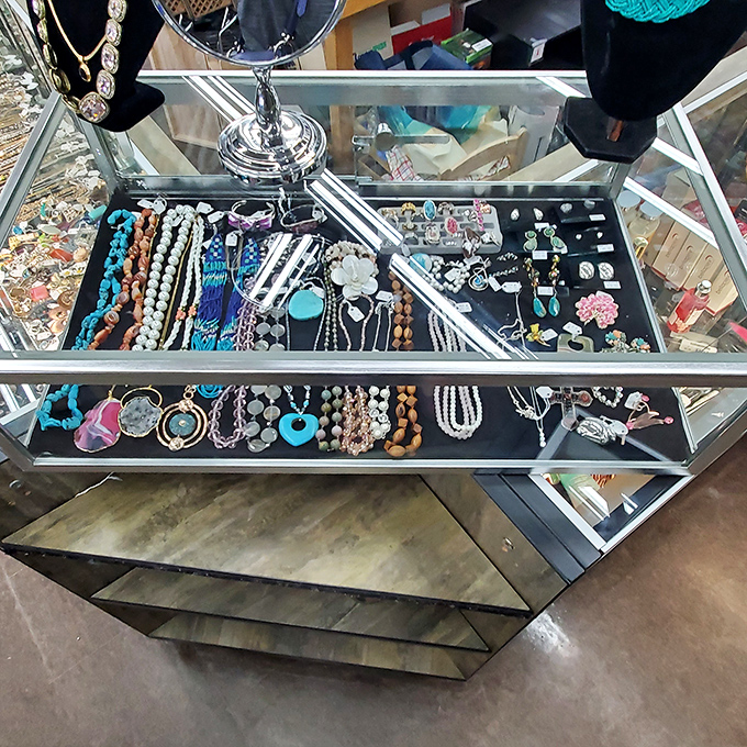 Treasure island for accessory hunters. This display case holds enough necklaces, bracelets and earrings to accessorize an entire season of "Downton Abbey" extras.