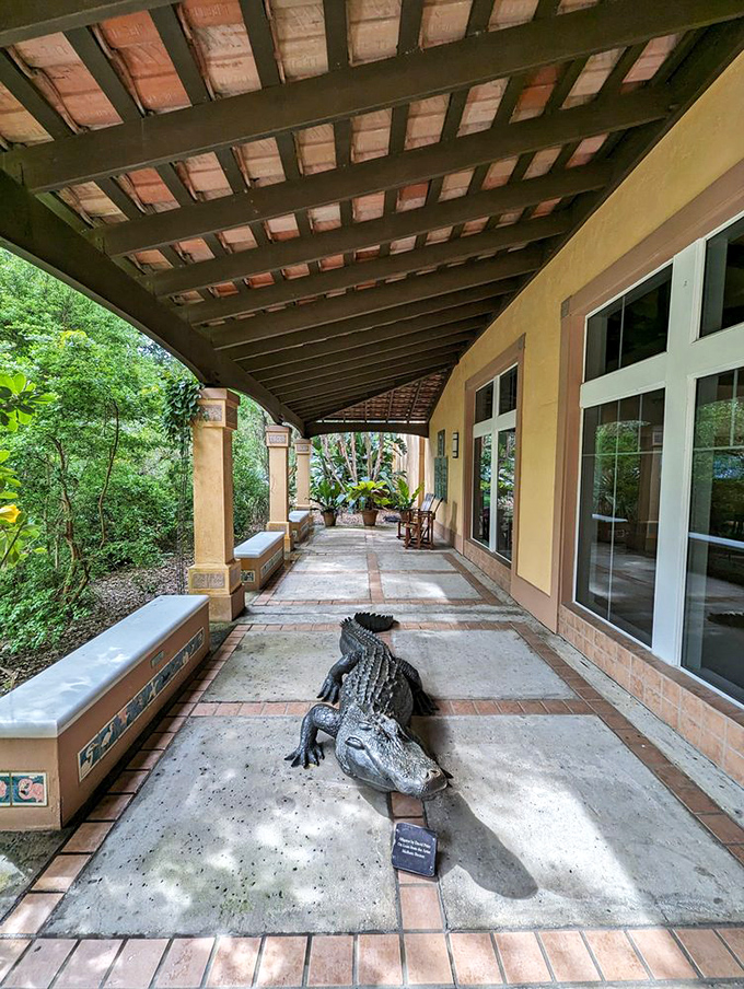 That's not the garden's security system&mdash;this bronze alligator has been sunning on this porch since the Great Depression.
