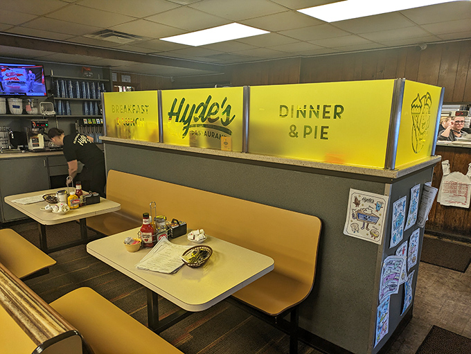 The "Breakfast, Lunch, Dinner & Pie" sign tells you everything you need to know about Hyde's priorities&mdash;and yes, pie deserves its own category.