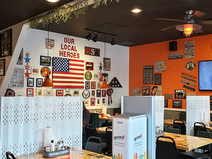 A patriotic corner pays tribute to local heroes. In diners like this, community isn't just a buzzword&mdash;it's baked into every square inch.