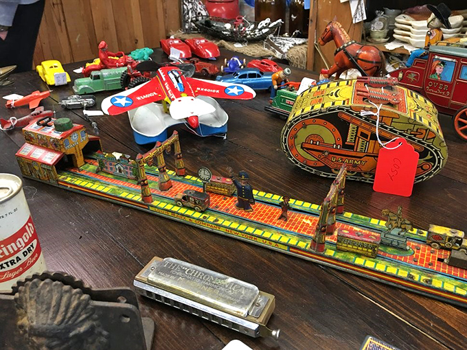 Tin toys from when imagination required more than a charging cable. That wind-up army tank probably still works better than your smartphone.