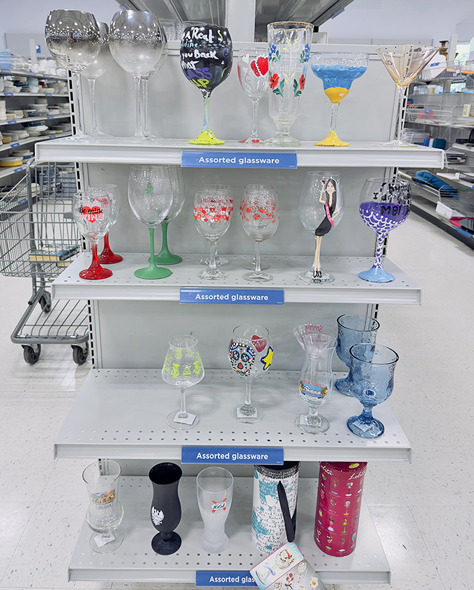 Glassware with character and occasionally questionable hand-painted designs. That "Wine Week" goblet has definitely seen some stories.
