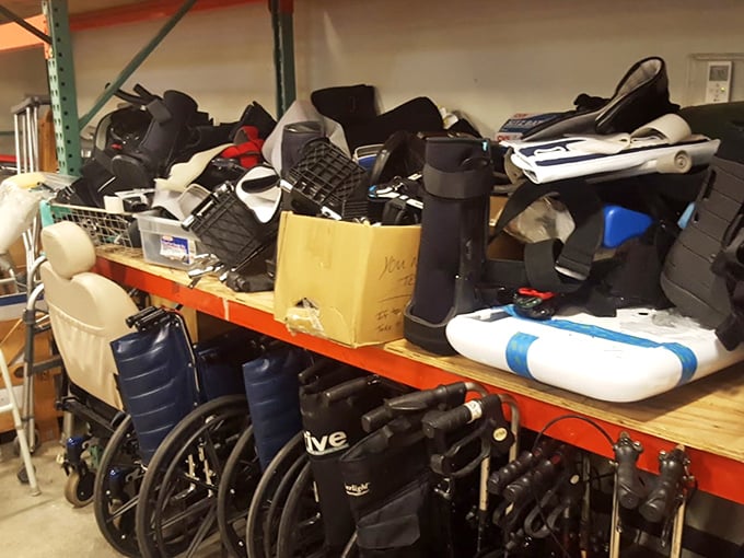 Mobility aids lined up like soldiers ready for their next mission. Yesterday's medical necessity becomes tomorrow's independence for someone new.