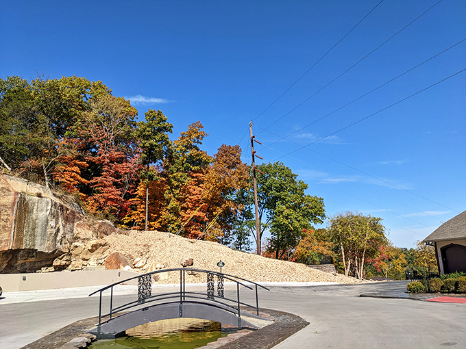 Fall transforms Hermann into a painter's palette of autumn colors, with a quaint footbridge inviting exploration of the town's hidden corners.