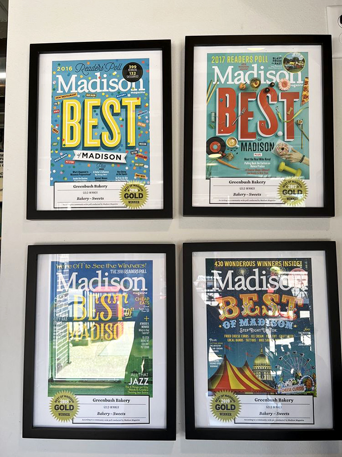 Wall of fame proving that excellence in fried dough is a recognized and celebrated achievement.