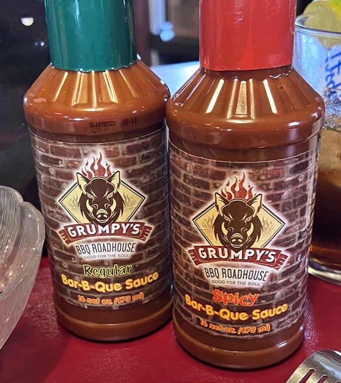 The house sauces—one regular, one spicy—waiting to elevate your meat experience from merely fantastic to life-changing. Choose wisely, or better yet, try both.