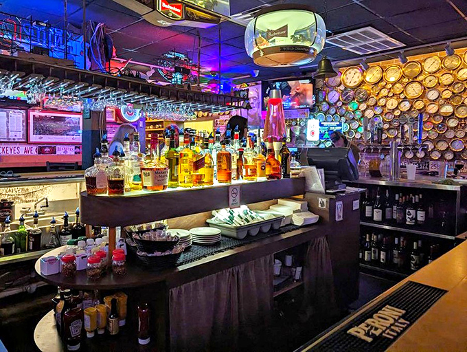 The bar glows with the promise of perfectly mixed cocktails and conversations that flow as smoothly as the house red wine.