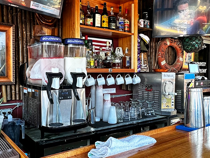 Even the bar area knows its place in this temple dedicated to smoked meat perfection.