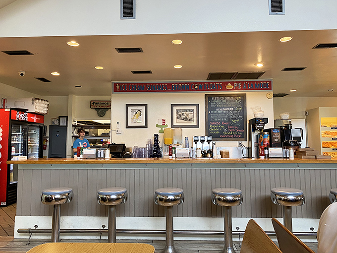 Classic diner counter seating where breakfast dreams come true. Those stools have supported generations of happy, satisfied customers.