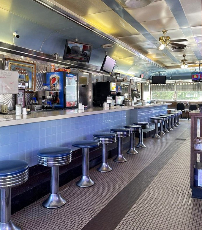 Blue-tiled counter and chrome stools stand ready for the morning rush&mdash;a diner's front row seats to the greatest breakfast show in Maryland.
