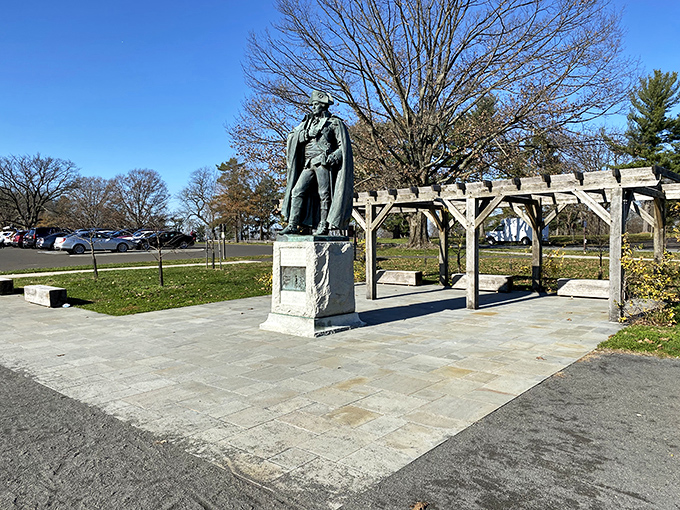 Baron von Steuben's statue commemorates the Prussian who taught American soldiers how to march with European precision.