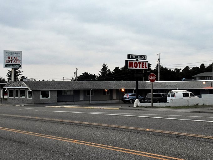 The Battle Rock Motel embodies that classic roadside Americana where expectations are modest but the location can't be beat&mdash;Highway 101 hospitality at its most authentic.