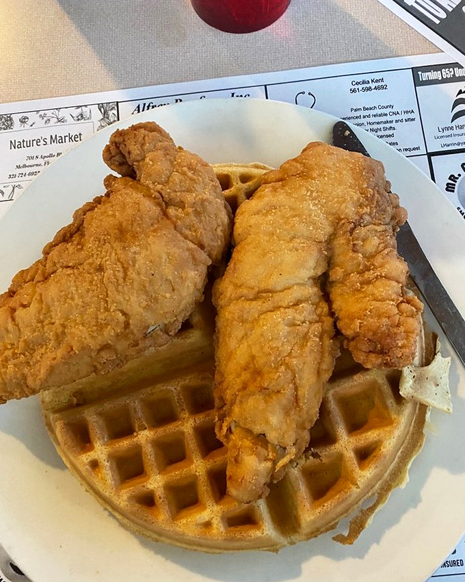 These golden-fried chicken tenders atop a Belgian waffle aren't just a meal&mdash;they're a declaration that breakfast rules don't apply here.