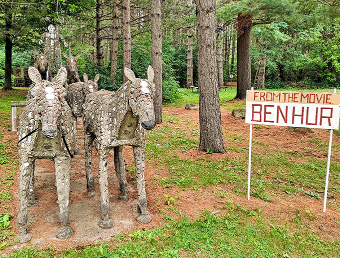 Ben-Hur's chariot team takes a permanent break from racing, their concrete forms capturing the majesty without the Hollywood drama.