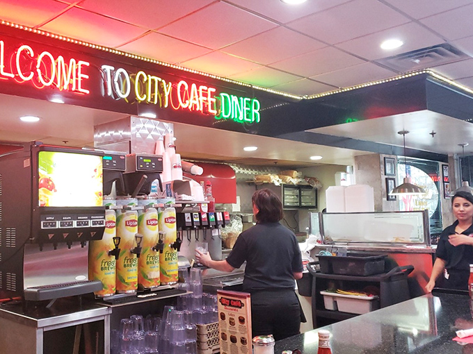 Colorful beverage stations and friendly staff ensure your cup never reaches empty&mdash;a small miracle of diner physics.