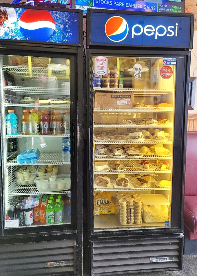 The dessert case stands as a monument to life's sweetest temptations. After your meal, it whispers, "You know you want to... you've earned it."